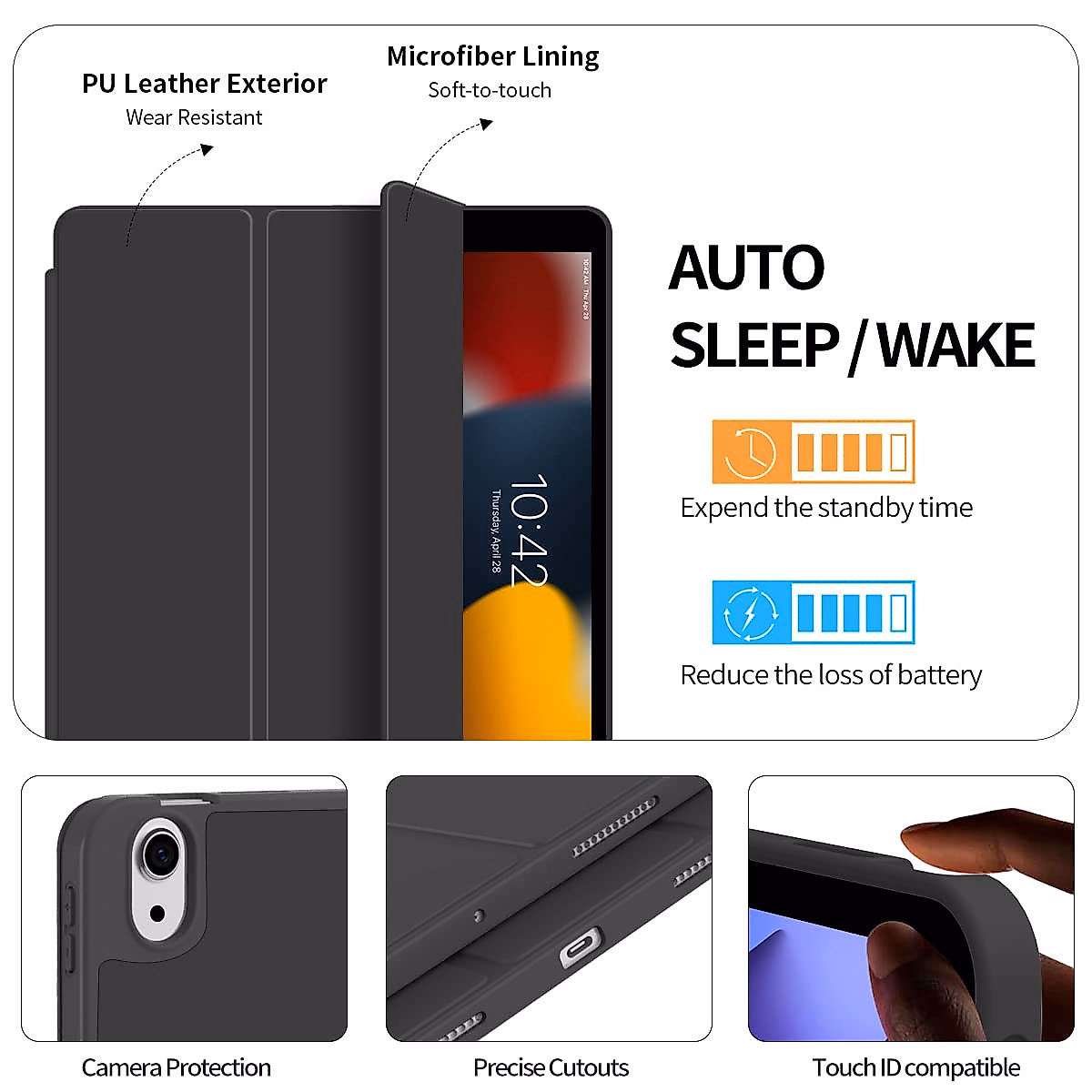 KenKe Case for iPad Air 11 Inch M2, for iPad Air 7th/6th/5th/4th Generation 2025/2024/2022/2020 10.9 Inch with Pencil Holder, Duable Cover with Soft TPU Back, Auto Wake/Sleep & Trifold Stand, Black