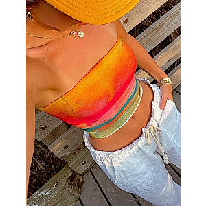 NZNDSHD Women Y2K Tube Tops Summer Backless Slim Bandeau Crop Tops Vintage Aesthetic Print Strapless Shirts Streetwear (A Orange, L)