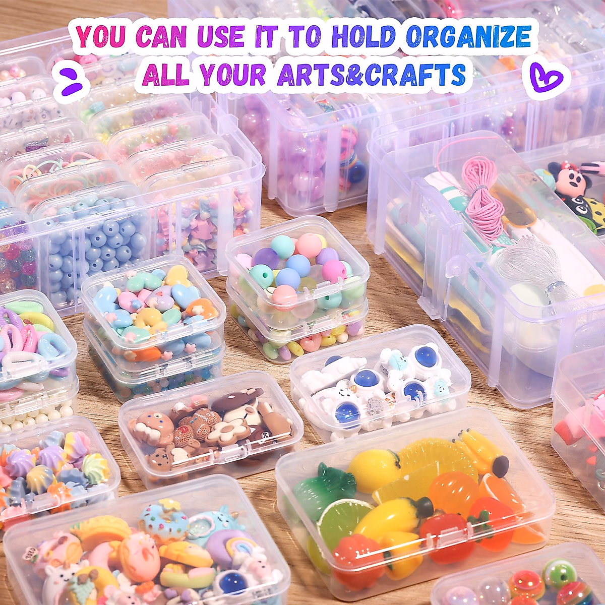 Funtopia Bead Organizers and Storage, 56 Pcs Small Plastic Containers with Lids and 3-Tier Stackable Storage Box, Mini Clear Organizers for Jewelry Toys Craft Storage (4 Sizes)