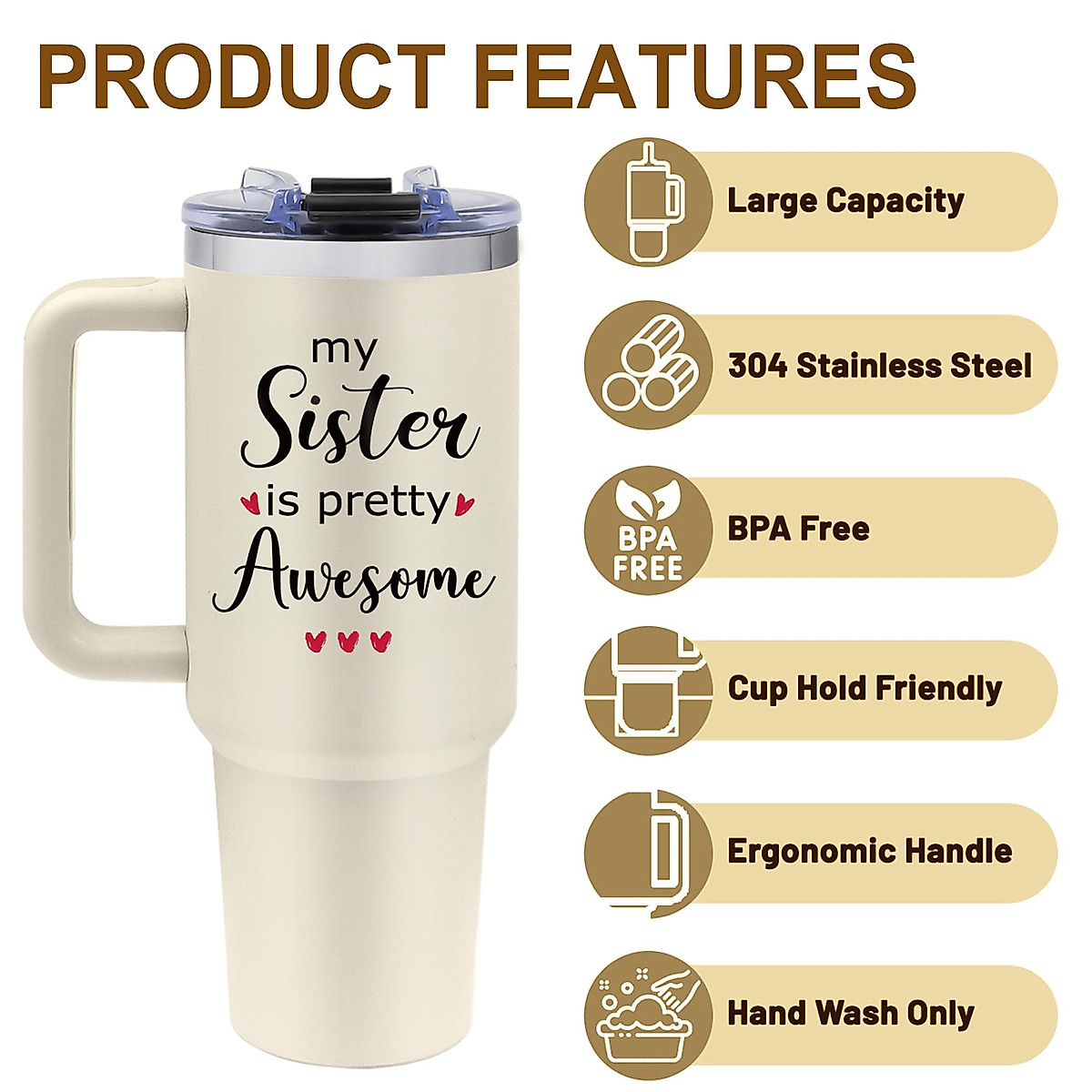 Vprontse Sister Birthday Gifts - My Sister is Awesome Tumbler with Handle - 40oz Stainless Steel Travel Mug Insulated Coffee Cup, Sisters Gifts for Women Birthday, Mothers Day, Christmas