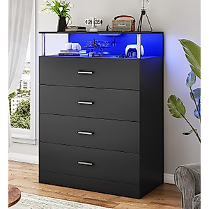 AOGLLATI Dresser for Bedroom with Column Design, 4 Drawer Dresser with Charging Station, Modern Bedroom Led Tall Black Dresser for Bedroom Closet