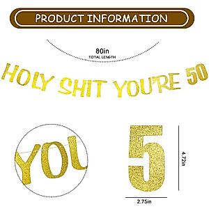 Holy Shit You're 50 banner，50th birthday banner，Womens Mens Gold Glitter Birthday Party Decoration，Fun 50th Birthday Party Supplies。