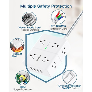 Power Strip Surge Protector with USB, 8 Widely Outlets 4 USB Ports 6Ft Extension Cord Flat Plug, 3 Sided Wall Outlet Extender Desktop Charging Station for Home Office Travel Dorm, 1080J