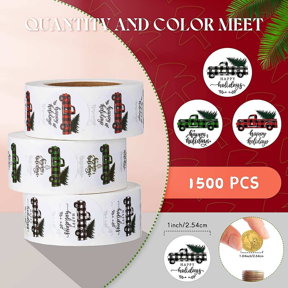 1500 Pieces Holiday Stickers Christmas Envelope Stickers Vintage Season Greetings Stickers Buffalo Check Plaid Pickup Truck with Tree Holiday Stickers for Envelopes Retro Winter Labels