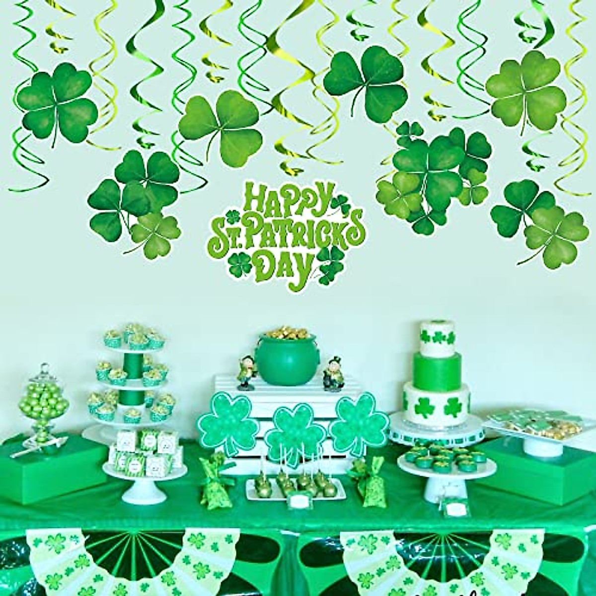 30PCS St Patricks Day Decorations Party Supplies Lucky Irish Green Shamrock Hanging Foil Swirl Decor for Home Ceiling Party Favors