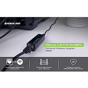 IOGEAR Universal Ethernet to Wi-Fi N Adapter - Speeds of up to 300Mbps on 2.4GHz - Push-button Wi-Fi Protected Setup (WPS) - Supports WEP, WPA, WPA2, TKIP and AES encryption - GWU637
