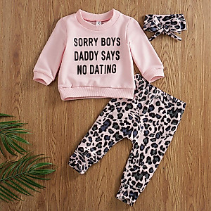 Newborn Baby Girls Clothes Daddy Saying Top Printed T-Shirt Leopard Pants+Headband Sweatshirt Outfit Set (A-Daddy Says, 0-6 Months)