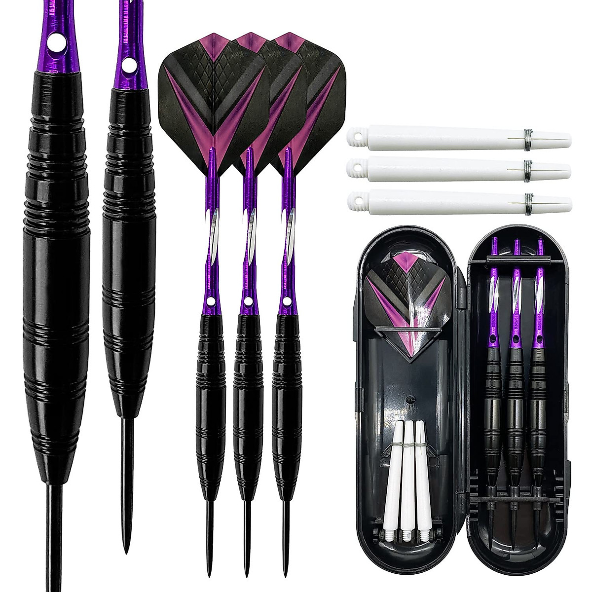 KingHtao Steel Tip Darts Set 22 Gram- Standard PET Flights, Aluminum Dart Shafts,with O Rings, Extra Aluminiu Shafts, Dart Flights and Portable Darts Case (3pcs/Pack) (Purple)