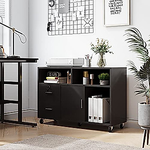 YITAHOME Wood File Cabinet, 2 Drawer Mobile Lateral Storage Cabinet Printer Stand with Lock and Open Storage Shelves for Home Office, Black,Drawers Without Hanging Bars