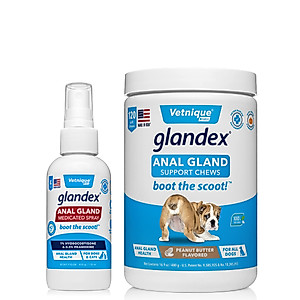 Glandex Anal Gland Medicated Spray for Dogs & Cats (4oz) and Glandex Anal Gland Support Chews 120 Ct Bundle Dog Deodorizing Spray & Anti-Itch Spray for Dogs, Anal Gland Dog Treats with Probiotics