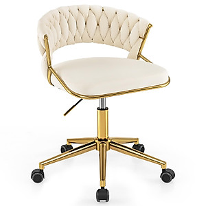 COSTWAY Velvet Office Desk Chair, Upholstered Makeup Vanity Chair w/Woven Back & Gold Base, Height Adjustable Swivel Computer Task Chair, Home Office Chair w/Wheels for Bedroom Study (Beige)