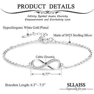 Sllaiss 925 Sterling Silver Infinity Love Bracelet for Women Infinity Endless Love Symbol Charm Adjustable Bracelet White Gold Plated