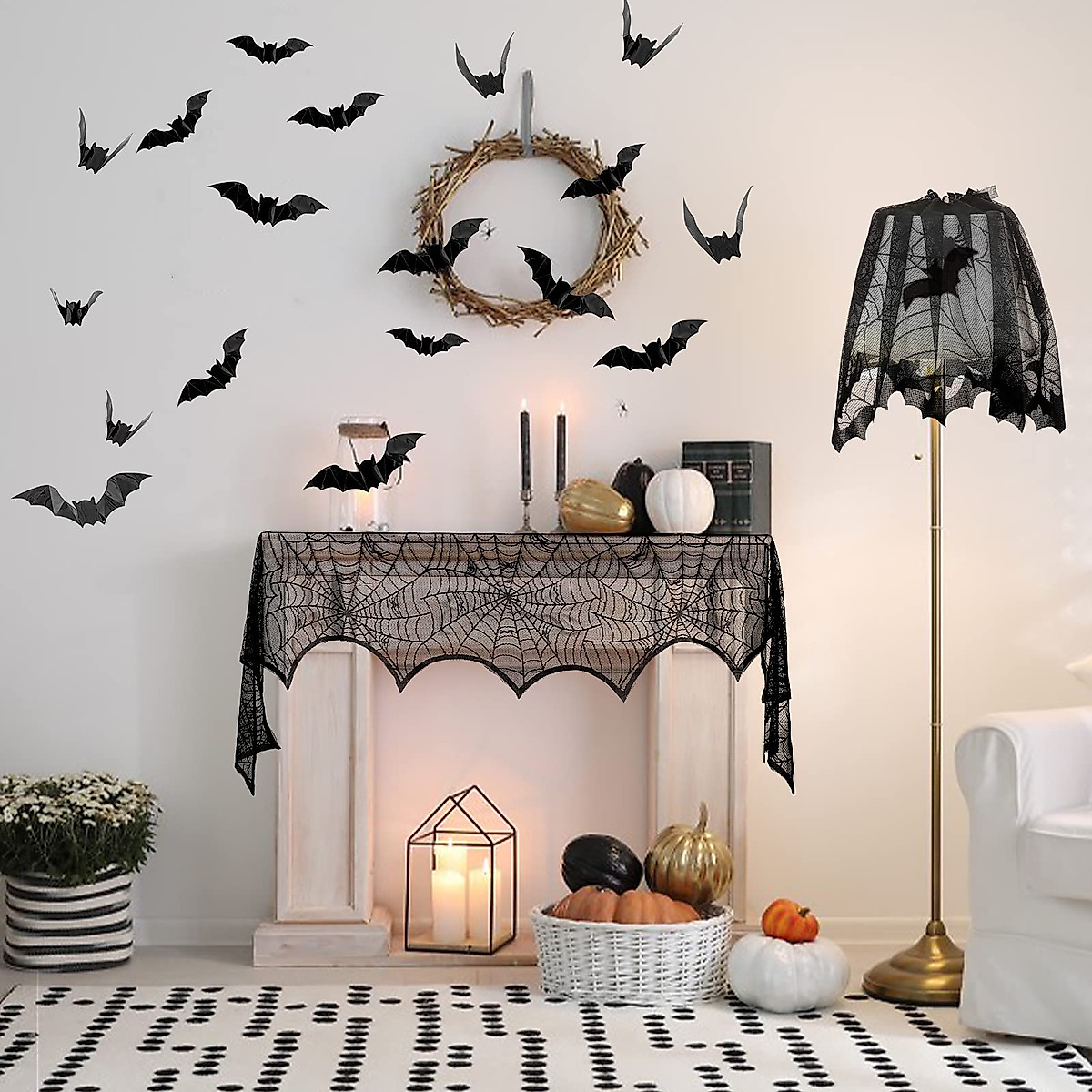 5 Pack Halloween Decorations Tablecloth Set, Black Lace Table Runner Round Spider Cobweb Table Cover Fireplace Mantel Scarf Spiderweb Lampshade with 48pcs Scary 3D Bat for Halloween Party Decor