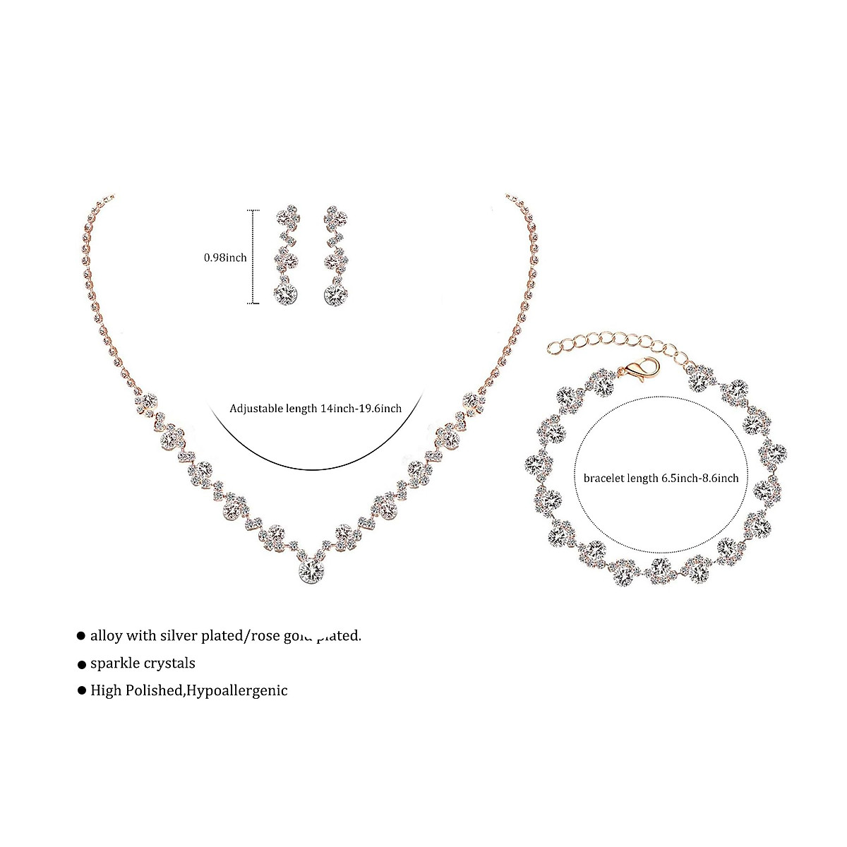 UDYLGOON Crystal Necklace Earrings Bracelet Jewelry Set Bride Bridesmaid Wedding Prom Party (Rose Gold)
