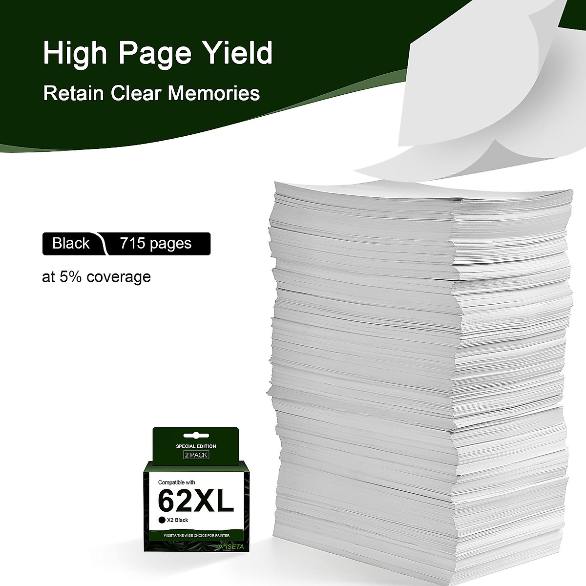 WISETA Remanufactured Ink Cartridge Replacement for HP 62XL 62 XL for Envy 5540 5640 5660 5663 7640 7644 7645 Officejet 5740 5741 8040 OfficeJet 200 250 Series Printer (2 Black)