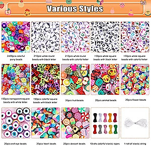 QUEFE 3540pcs Pony Beads 2400pcs Rainbow Kandi Beads Bulk, Crafts Gift, in 48 Colors and 1020 Letter Beads, Polymer Clay Beads for Bracelets Jewelry Making Kit, DIY Arts