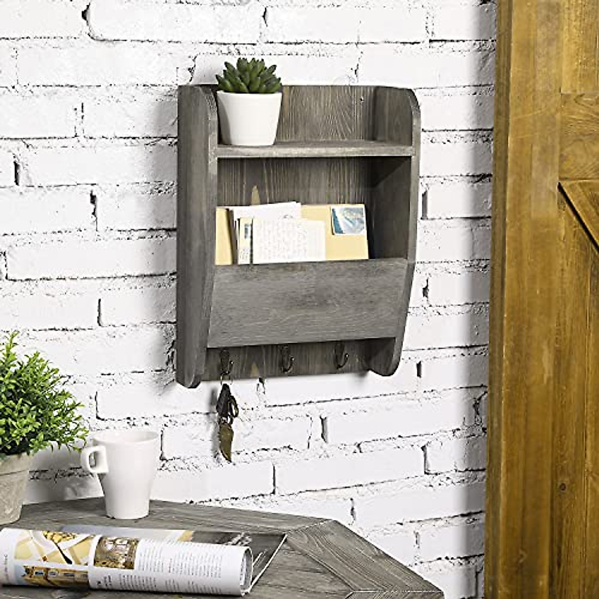 MyGift Wall Mounted Vintage Gray Solid Wood Entryway Key and Mail Organizer Holder and Display Shelf with 3 Hooks