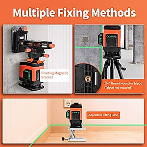 DOVOH Floor Laser Level 360 Self Leveling 3D Laser Levels for Construction 66ft 12 Lines Laser Leveler Tiling with Remote Control & Dual Batteries Green Beam, KF3-360G