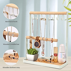 Portin Jewelry Organizer Display Stand Holder with Wooden Ring Tray and Hooks Storage Necklaces Bracelets, Rings, Watches Metal Desk Organizer Stand
