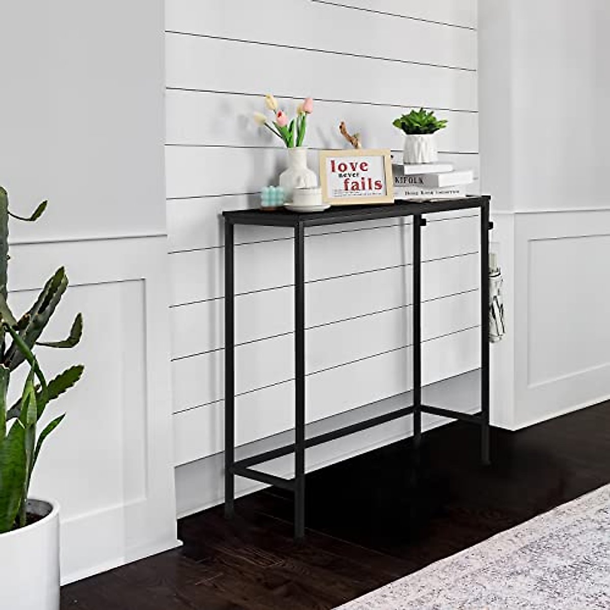 Small Console Table Black Entryway Table Modern Narrow Long Sofa Table Skinny Hallway Table Thin Behind Sofa Table Console Tables for Entryway 31.5 Inch with 2 Hooks, Sofa Side Display for Hallway