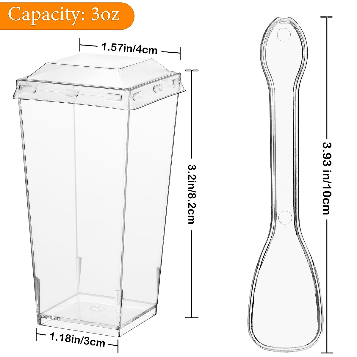 HawHawToys 100 Pack 3 OZ Mini Dessert Cups with Lids and Spoons, Square Tall Plastic Parfait Cups Dessert Shooter Cups for Party, Small Plastic Dessert Cups for Pudding, Appetizers