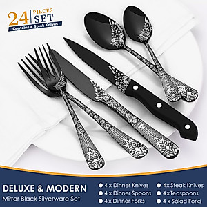 EUIRIO 24-Piece Black Silverware Set with Steak Knives, Black Flatware Set for 4, Stainless Steel Mirror Cutlery Set, Spoons Forks Knives Set with Unique Floral Laser, Eating Utensils, Dishwasher Safe