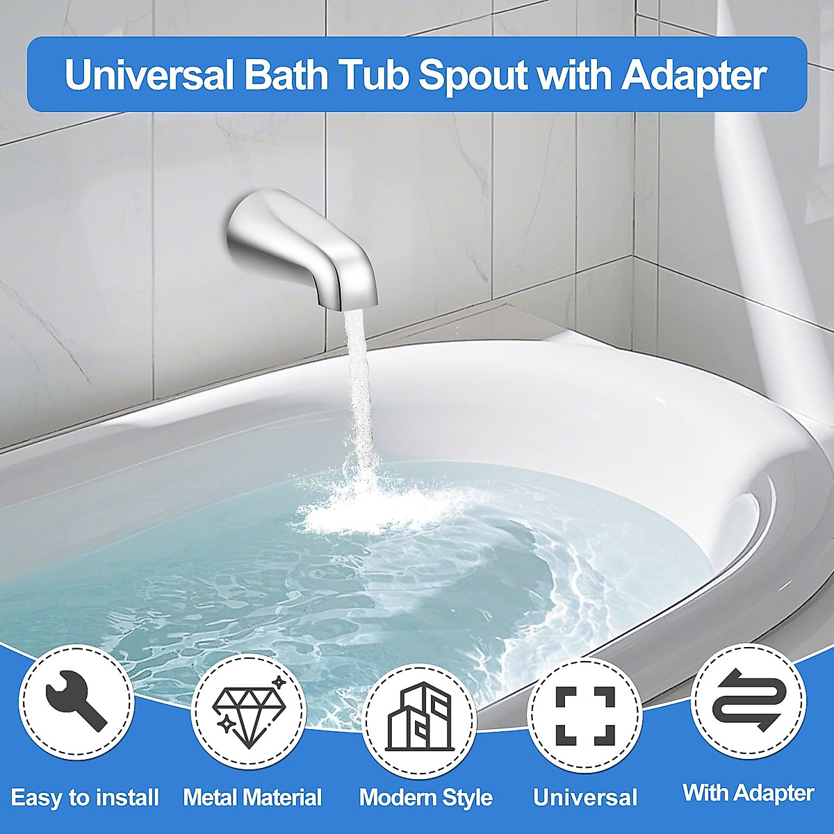 Universal Bath Tub Spout with Adapter, Bathtub Faucet Spout Without Diverter, 5" Length Bathtub Spout for 1/2'', 3/4'' IPS Inside Thread Connection and Tub/Shower Faucet (Chrome)