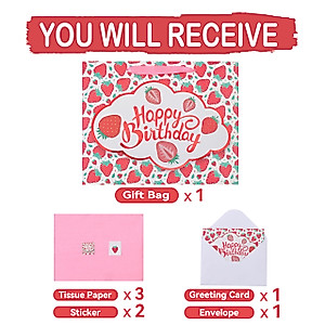 13” Large Strawberry Happy Birthday Gift Bag Set with Handles, Greeting Card, Tissue Papers and Stickers for Girls Kids Teens Women, Fruit Themed Birthday Design, 1 Pcs