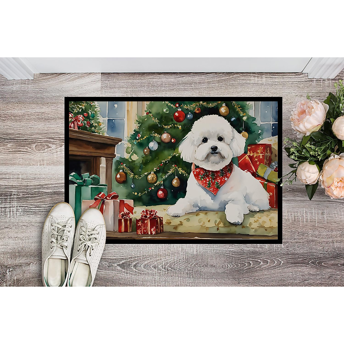 Caroline's Treasures DAC2611JMAT Bichon Frise Cozy Christmas Doormat Front Door Mat Indoor Outdoor Rugs for Entryway, Non Slip Washable Low Pile, 24H X 36W