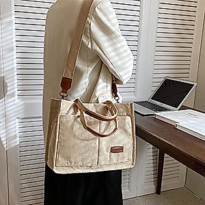 GOQUFOY Corduroy Tote Bag for Women with Zipper Pockets Beige Cross Body Purses Canvas Crossbody Work Satchel Handbags Cute Puffer Shoulder Bag School Hobo Travel Hand Bags Messenger Teen Girls Trendy