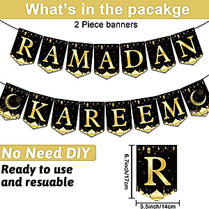 Ramadan Mubarak Banner Party Decorations Black Gold Moon Lantern Hanging Bunting Ramadan Kareem Hanging Banner Party Supply for Home Wall Window Door Fireplace Mantle Ramadan EID Party Favor