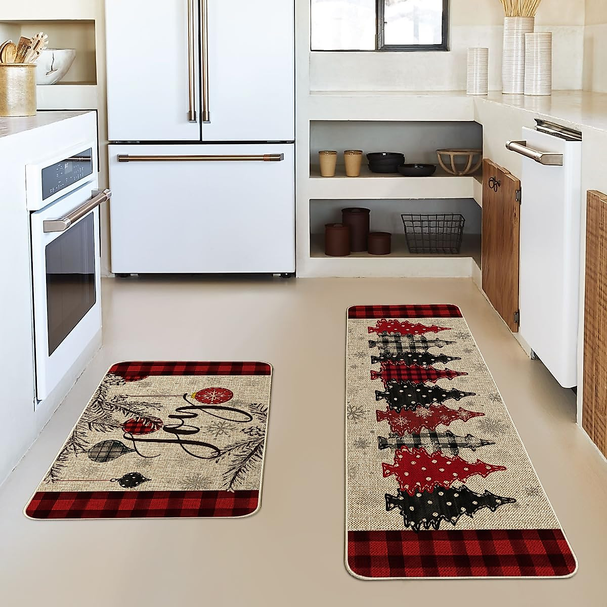 Artoid Mode Red Xmas Trees Ball Joy Snowflakes Christmas Kitchen Mats Set of 2, Winter Decor Low-Profile Kitchen Rugs for Floor - 17x29 and 17x47 Inch