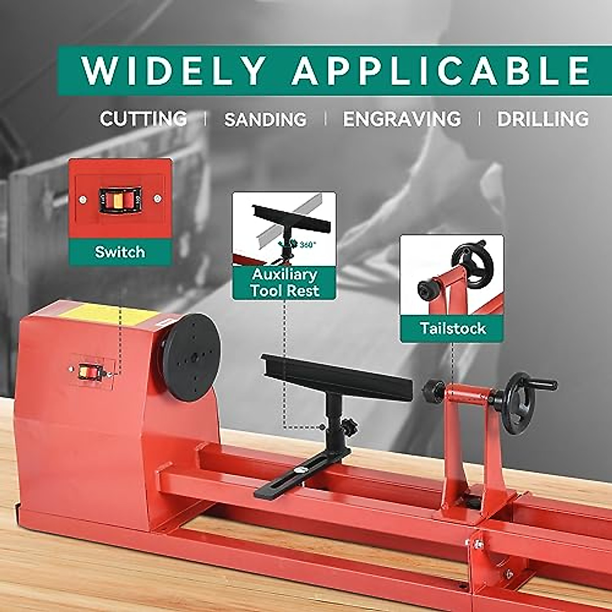 YITAHOME Wood Lathe 750W 14" x 40", Power Wood Turning Lathe Adjustable 4 Speed 1100/1600/2300/3400RPM, Update Mini Lathe with 3 Chisels + 4 Wrenches + 1 Manual, Useful Bench Lathe Machine Tools