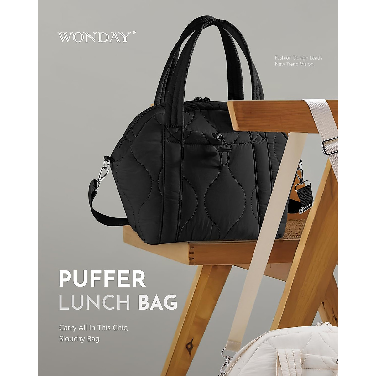 WONDAY Simple Puffer Lunch Bag for Women, Black Adult Lunch Box with Shoulder Strap, Insulated and Leakproof Lunch Tote Keeps Food Fresh, Large Lunch Bag, Perfect for Work, College and picnic