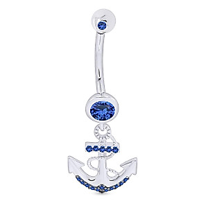 Round Shape Simulated Blue Sapphire Anchor Dock Belly Navel Ring in 14K White Gold Over Sterling Sliver