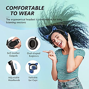 Mindkoo Wireless Headphones Bluetooth, Cat Ear Over Ear Headphones, LED Light Up 7 Color Blinking, Safe Foldable Headset Stero, with Microphone, for Kids Adults