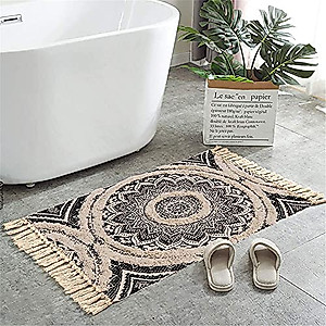 Seavish Tufted Cotton Rug, 2X3 Black Mandala Boho Rug, Hand Woven Bohemian Throw Rugs, Shag Accent Fringe Tassel Rug for Bedroom Bedside Kitchen, Laundry Room Rug