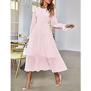 MEROKEETY Women's Long Sleeve Round Neck Smocked Elastic Waist A Line Tiered Dress,Pink,M
