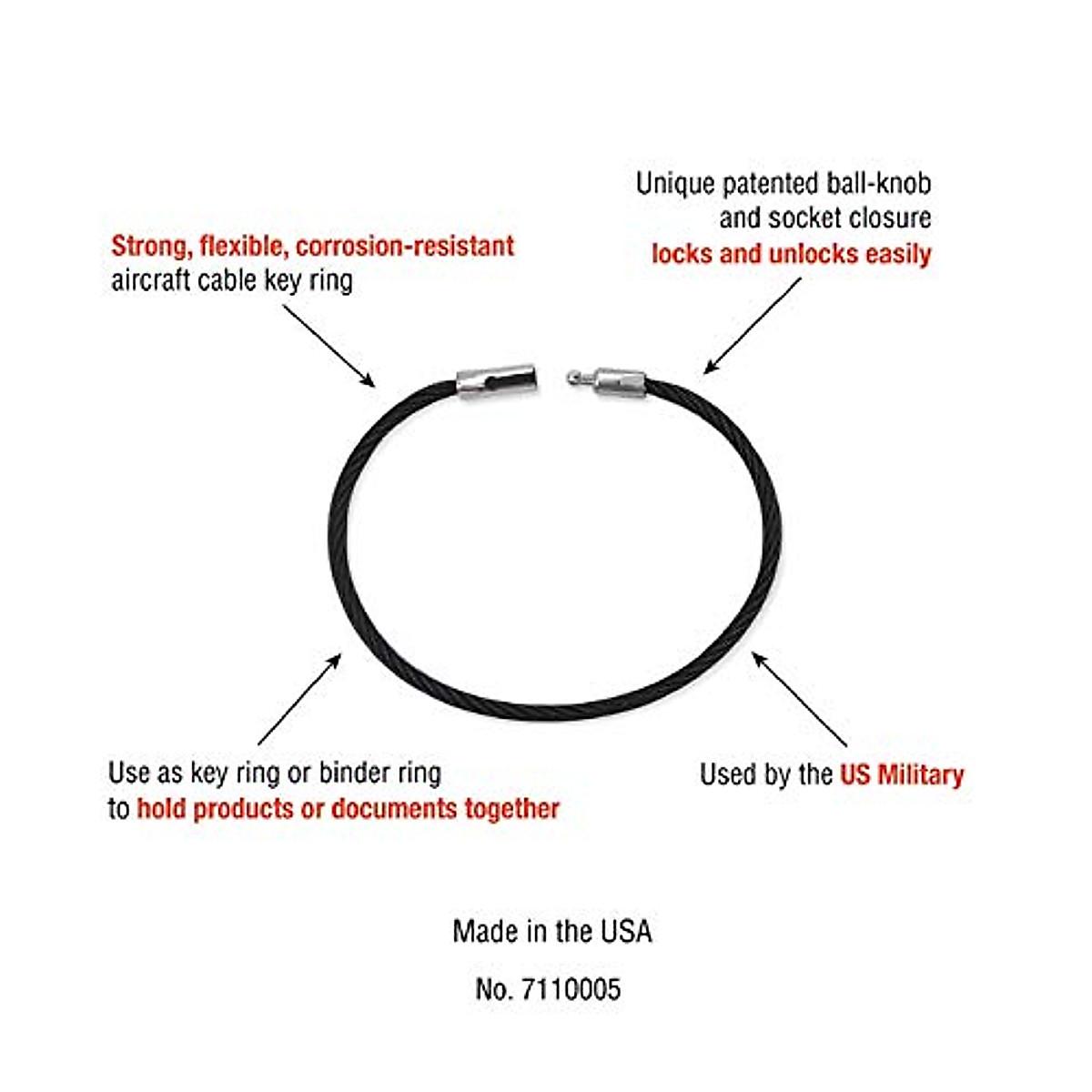 Lucky Line 5" Flex-O-Loc Cable Key Ring, Galvanized Steel, Corrosion-Resistant, Red, 5 Pack (7117005)