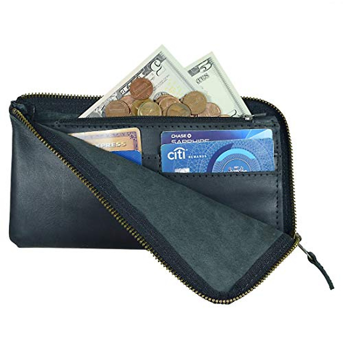 Hide & Drink, Long Zippered Wallet Handmade from Full Grain Leather (Charcoal Black)