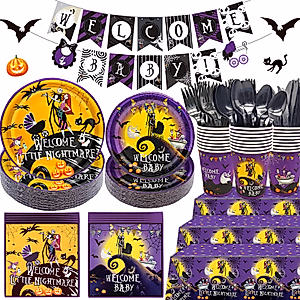 HigzYovn 183Pcs Welcome Little Nightmare Baby Shower Decorations Nightmare Before Christmas Party Supplies Nightmare Before Christmas Baby Shower Decorations Tableware for Baby Shower Party Decor