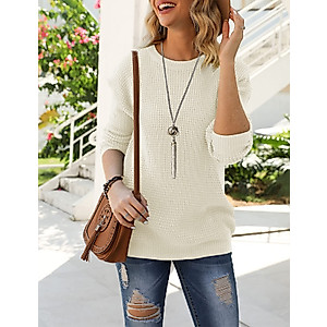 MEROKEETY Women's 2024 Long Sleeve Waffle Knit Sweater Crew Neck Solid Color Pullover Jumper Tops Beige