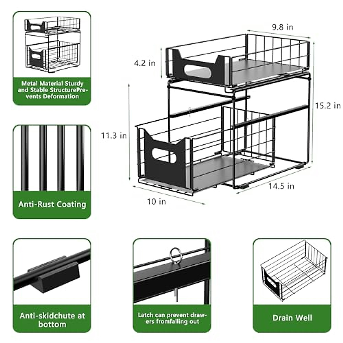 PIGTAB Metal Under Sink Organizer, 2 Sets of 2-Tier Multi-Purpose Bathroom Organizers and Storage, Pull Out Kitchen Organizers and Storage, Cabinet Organizer for Kitchen, Bathroom, Black