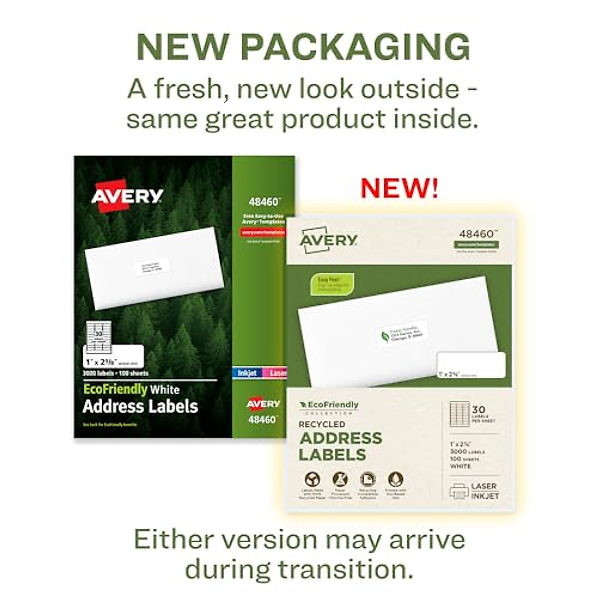 Avery EcoFriendly Recycled Address Labels, 1" x 2-5/8", White, Permanent Label Adhesive, 3,000 Printable Labels (48460)