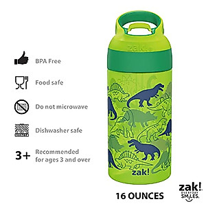 Zak Designs 16oz Riverside Kids Water Bottle with Spout Cover and Built-in Carrying Loop, Made of Durable Plastic, Leak-Proof Water Bottle Design for Travel (Unicorn & Dino Camo, Pack of 2)