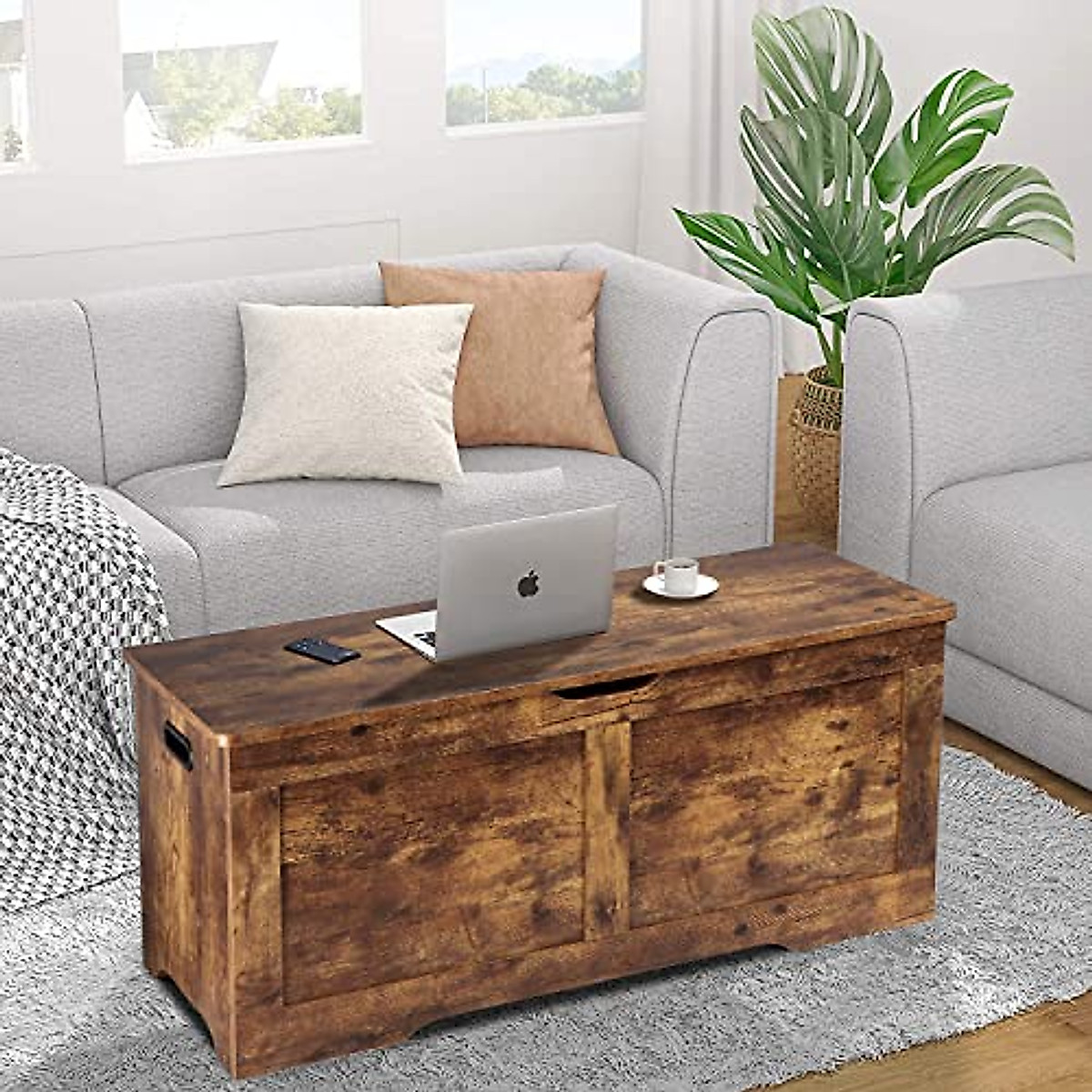 Timberer 39.4" Storage Chest, Wooden Storage Bench, Lift Top Toy Chest with 2 Safety Hinges, Large Toy Box, Entryway Bench for Living Room, Bedroom, Rustic Brown