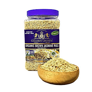 Golden Crown Organic Brown Jasmine Rice, Naturally Aged Halal + Kosher, Extra Long Aromatic Tasty and Delicious Flavorful Gluten-Free Whole Grains From Thai HOM Mali, Non-GMO - 32 oz (2LB)