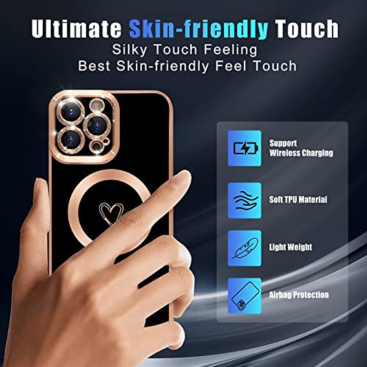 SZXYCZL Compatible with iPhone 12 Pro Max Case Magsafe, Cute Heart Pattern Luxury Plating Full Camera Lens Protection Magnetic Case for iPhone 12 Pro Max for Women Girl-Black