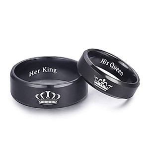 LAVUMO King and Queen Rings for Couples - 2pcs His Hers Stainless Steel Matching Ring Sets for Him and Her - Promise Engagement Wedding Band Black Comfort Fit (Men 9 & Women 9)