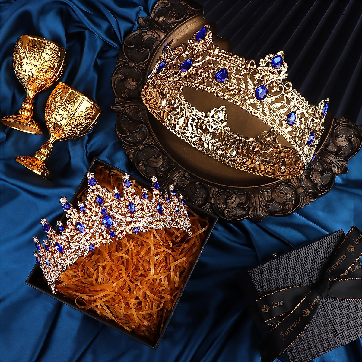 2 Pcs King and Queen Crowns Set King Crowns for Men Royal Crown with Black Rhinestone Crystal Crowns for Women Princess Crown Tiara Costume Headwear for Wedding Homecoming Party Decorations